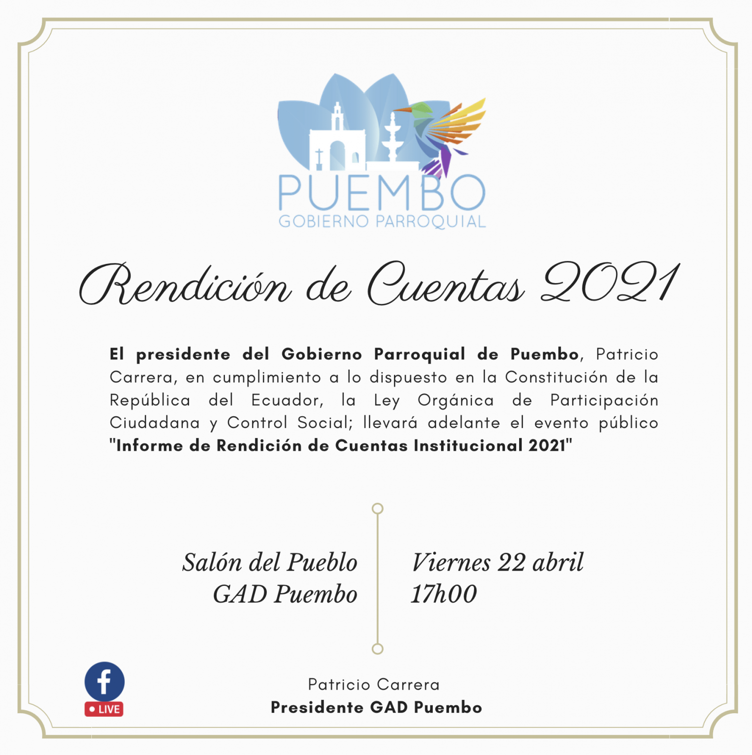 Invitación al evento de Rendición de Cuentas Institucional 2021 – Puembo Gobierno Parroquial